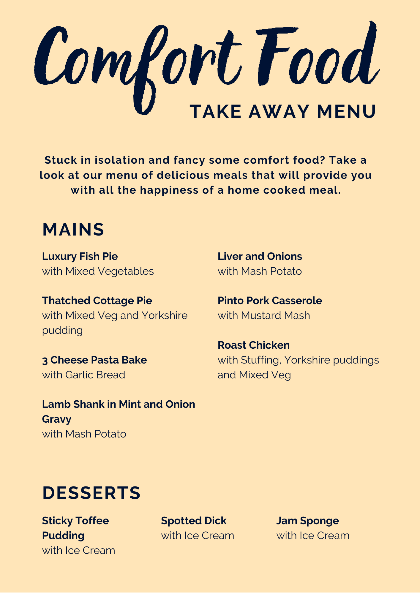 Sample Comfort Food Take Away Menu MKG Foods Sample Comfort Food Take Away Menu MKG Foods